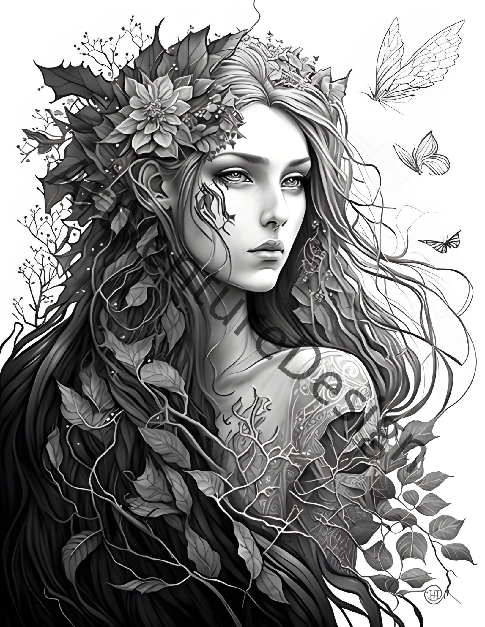 Grayscale Elf Princess Coloring Book Set 1 | 30 Printable Adult ...
