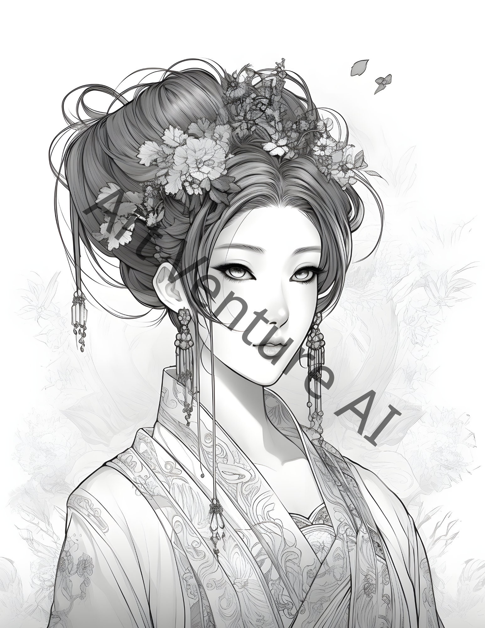 Grayscale Chinese Women Coloring Book for Adults | 30 Printable Adult ...