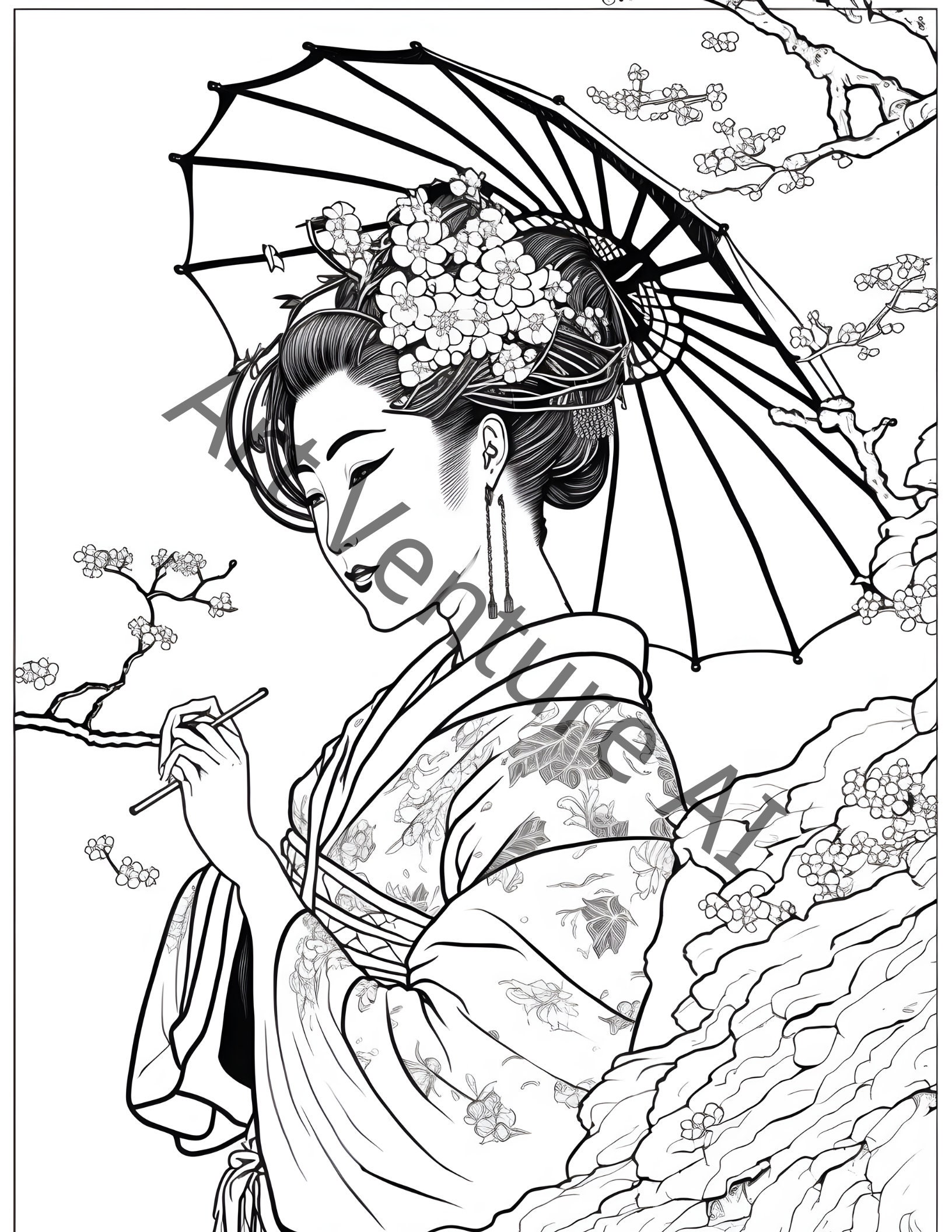 Grayscale Japanese Geisha Coloring Book Set 1 | 30 Printable Adult ...