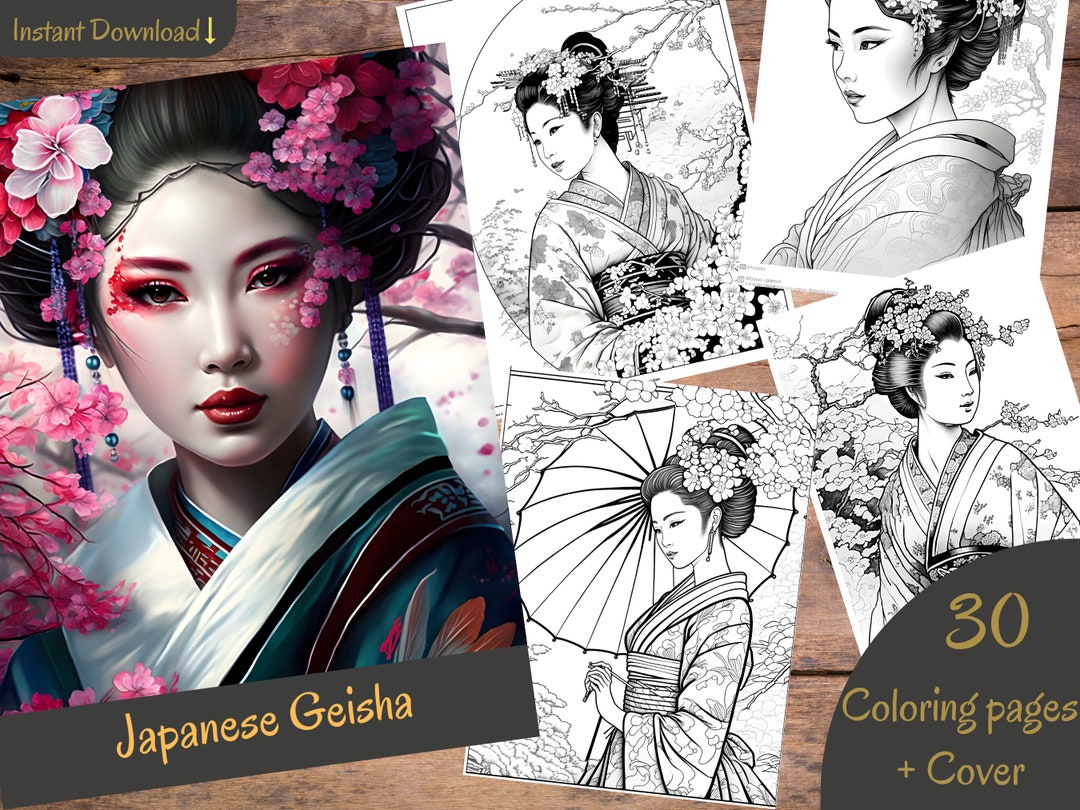 Grayscale Japanese Geisha Coloring Book Set 1 | 30 Printable Adult ...