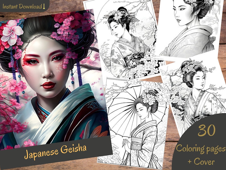 Grayscale Japanese Geisha Coloring Book Set 1 | 30 Printable Adult ...