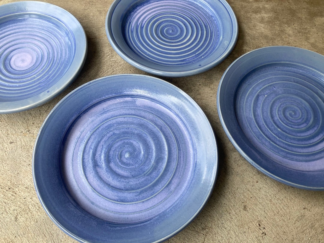 Set of 4 Wheel Thrown Plates, Medium Ceramic Plates, Periwinkle Blue ...