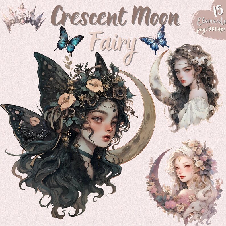 Crescent Moon Fairy Clipart Bundle PNG Fantasy Fairy - Etsy