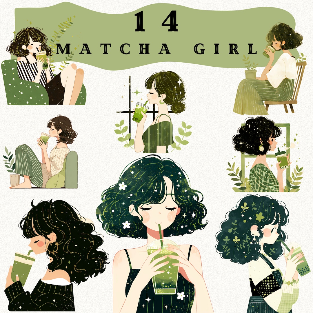 Matcha Girl Clipart Stickers: Cozy Anime Art (PNG Digital Download) - Etsy