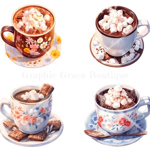 Watercolor Hot Cocoa Clipart: Boho Mugs, Marshmallow Designs (300 PPI ...
