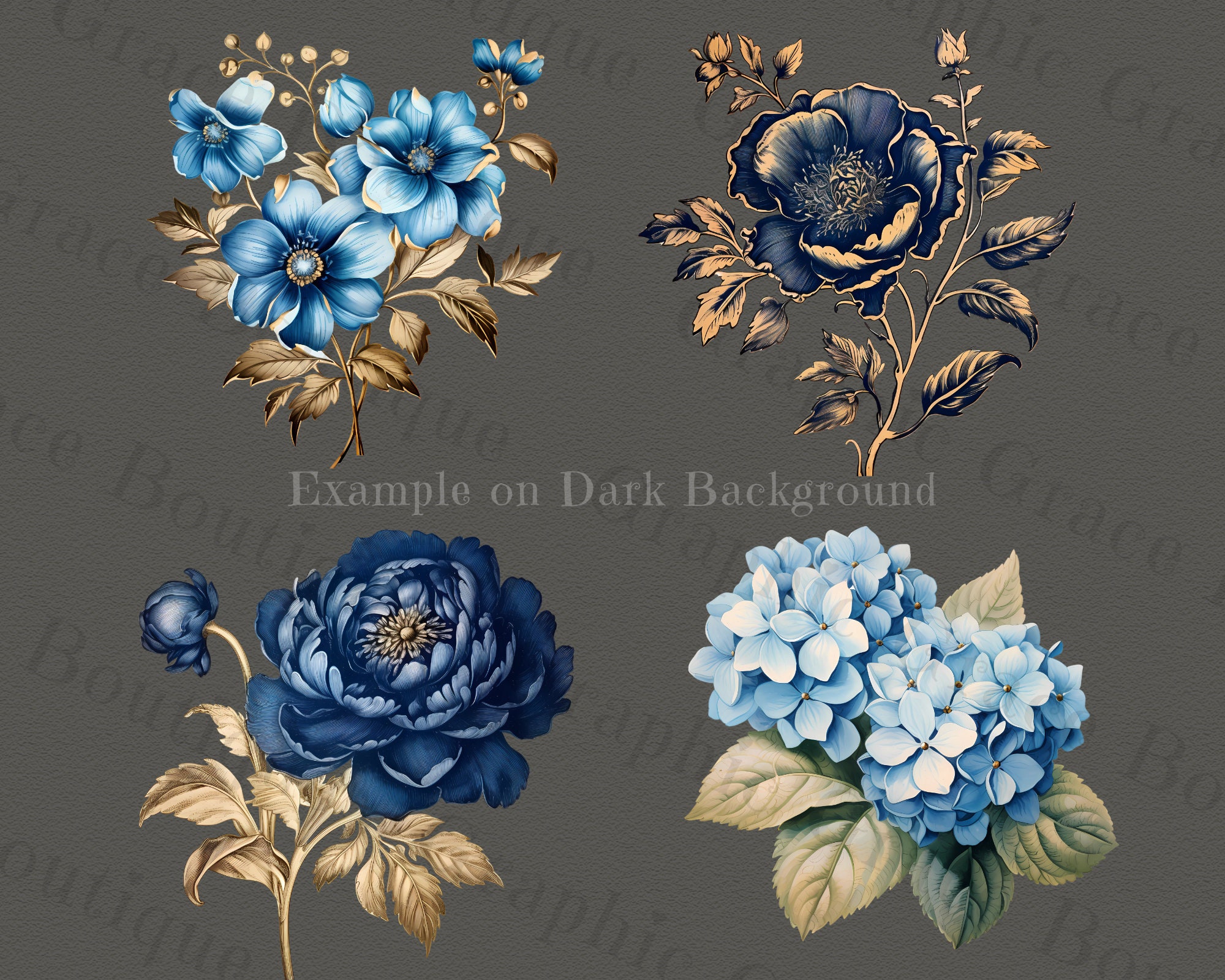 Blue Flowers Clipart Bundle 26 Vintage Golden Tones Flowers - Etsy