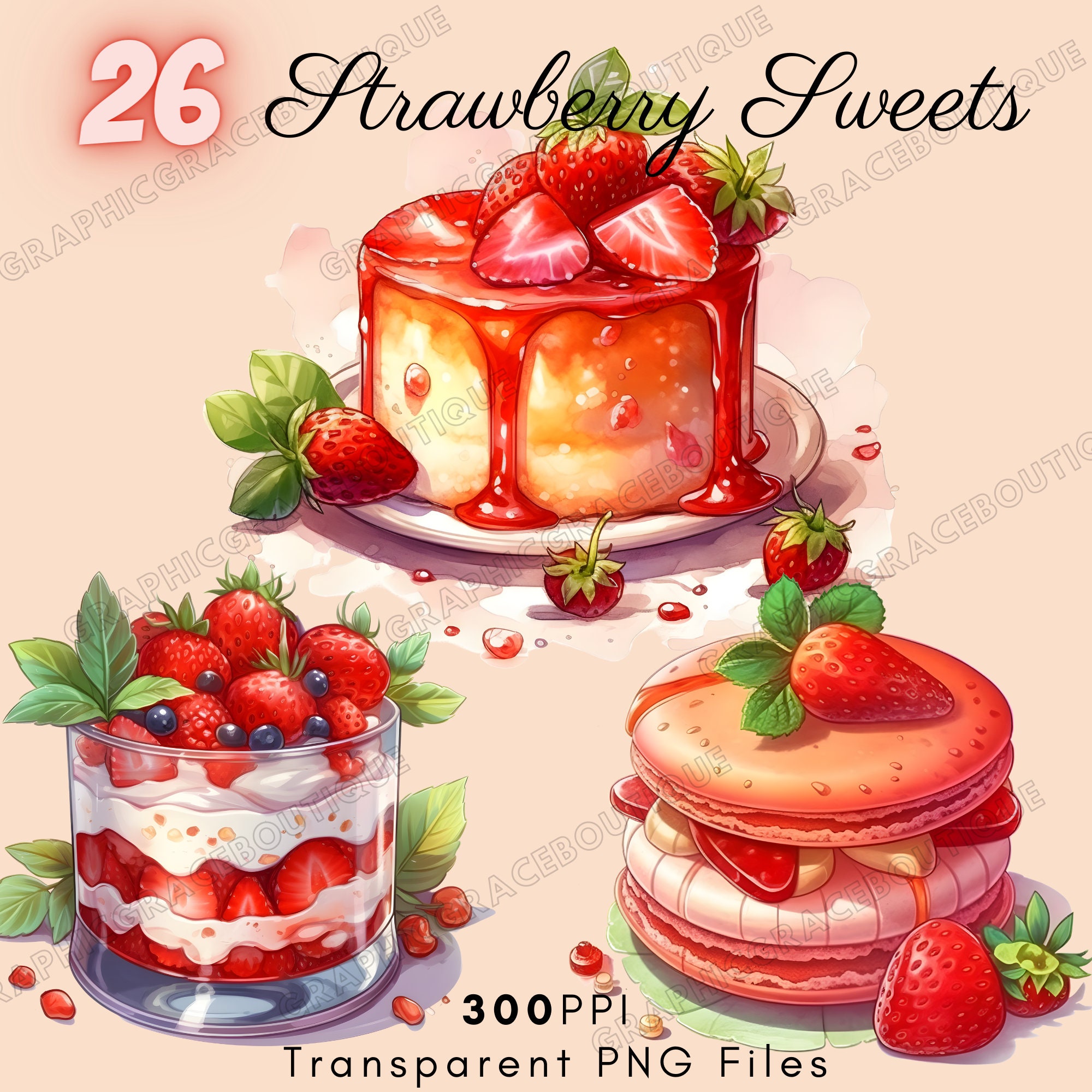 Watercolor Strawberry Dessert Clipart Bundle, Cakes, Ice Cream, Waffles ...