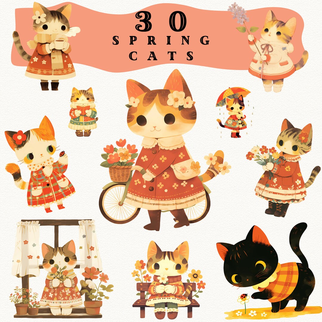 Adorable Spring Cats Digital Stickers, Spring Png, Journaling, Cozy ...
