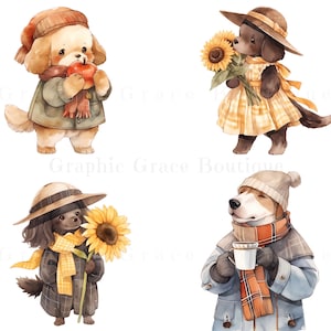 Watercolor Autumn Dogs Clipart: Cute Dogs in Fall Outfits, Cozy Autumn ...