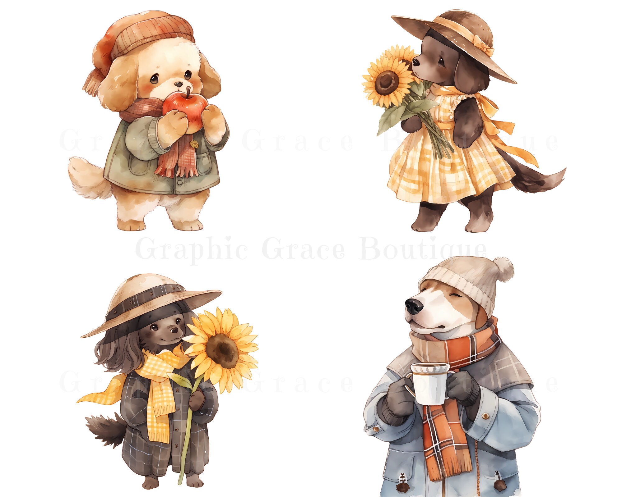 Watercolor Autumn Dogs Clipart: Cute Dogs in Fall Outfits - Etsy