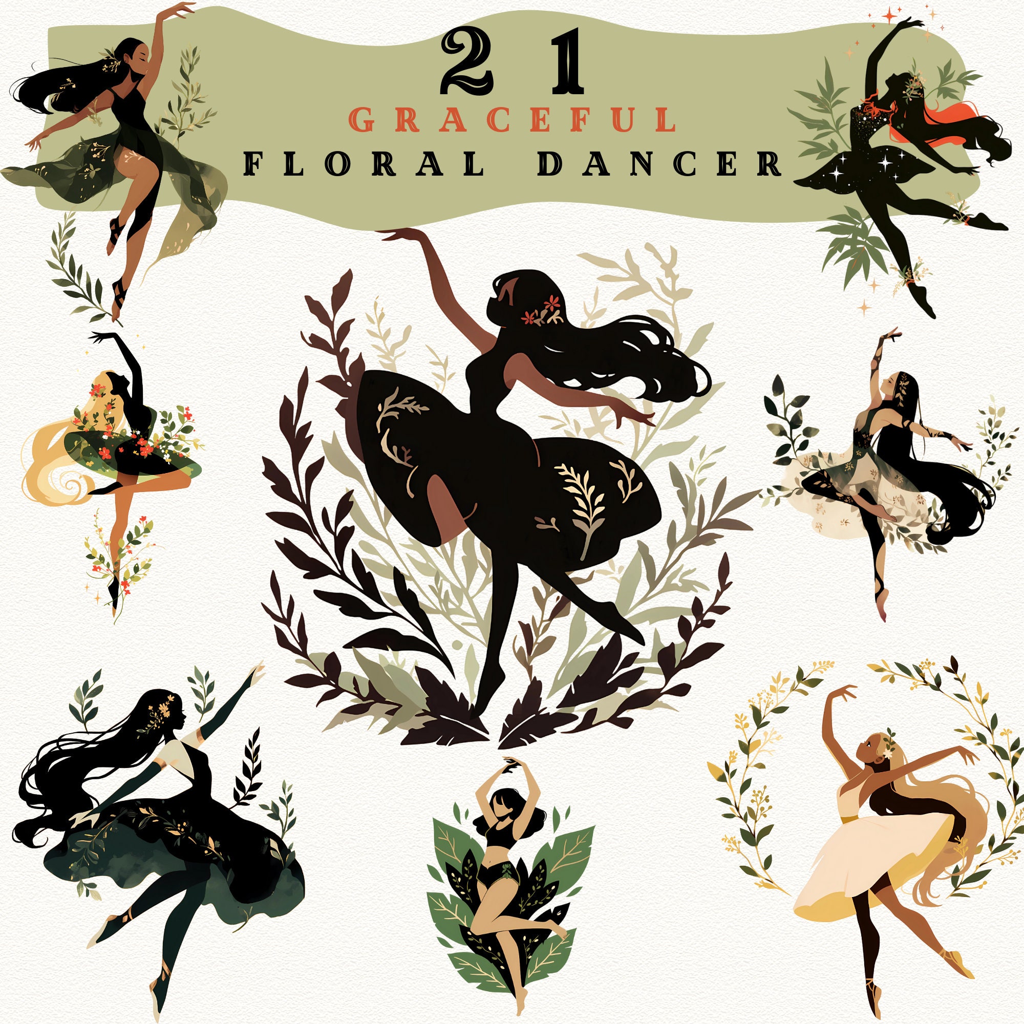 Floral Dancer Clipart – Graceful Girls Dancing Illustrations, Elegant ...