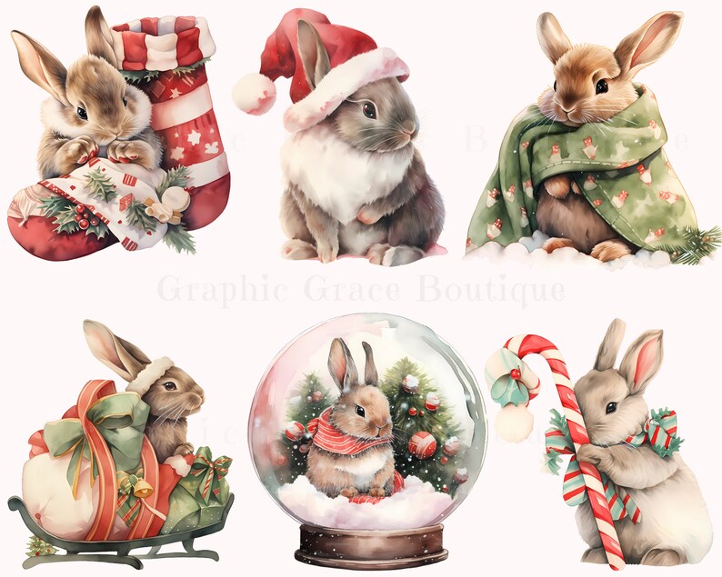 Watercolor Christmas Bunnies PNG Clipart Bundle Christmas Clipart ...