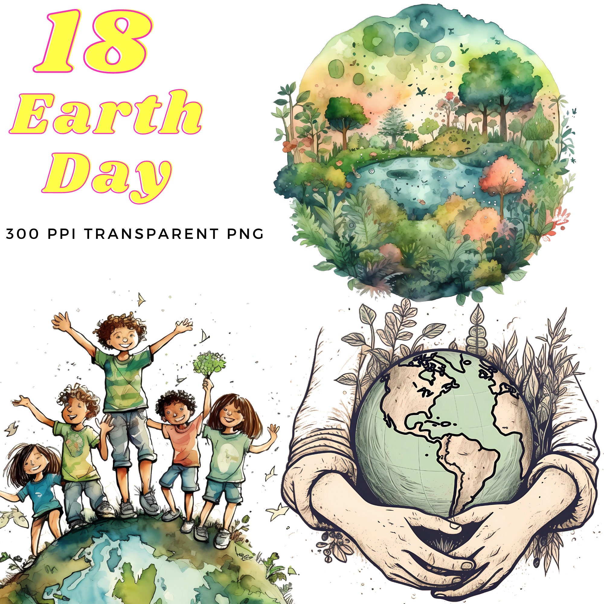 Earth Day Clipart Bundle, Instant Download Watercolor Digital PNG ...