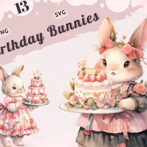 Birthday Bunny Clipart Bundle - SVG and PNG Watercolor Bunnies for ...