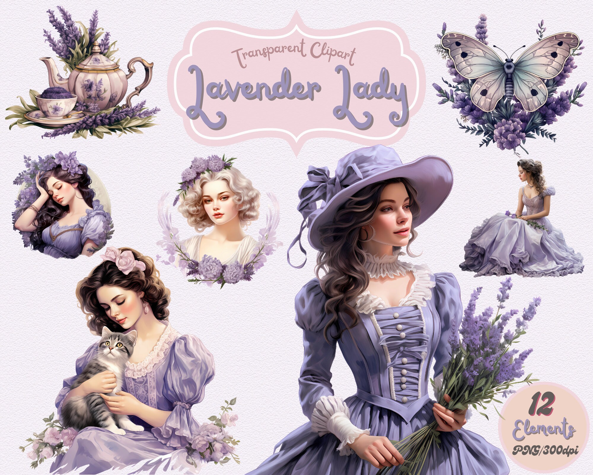 Lavender Lady Clipart Bundle 12 High-resolution PNG, Victorian Lavender ...