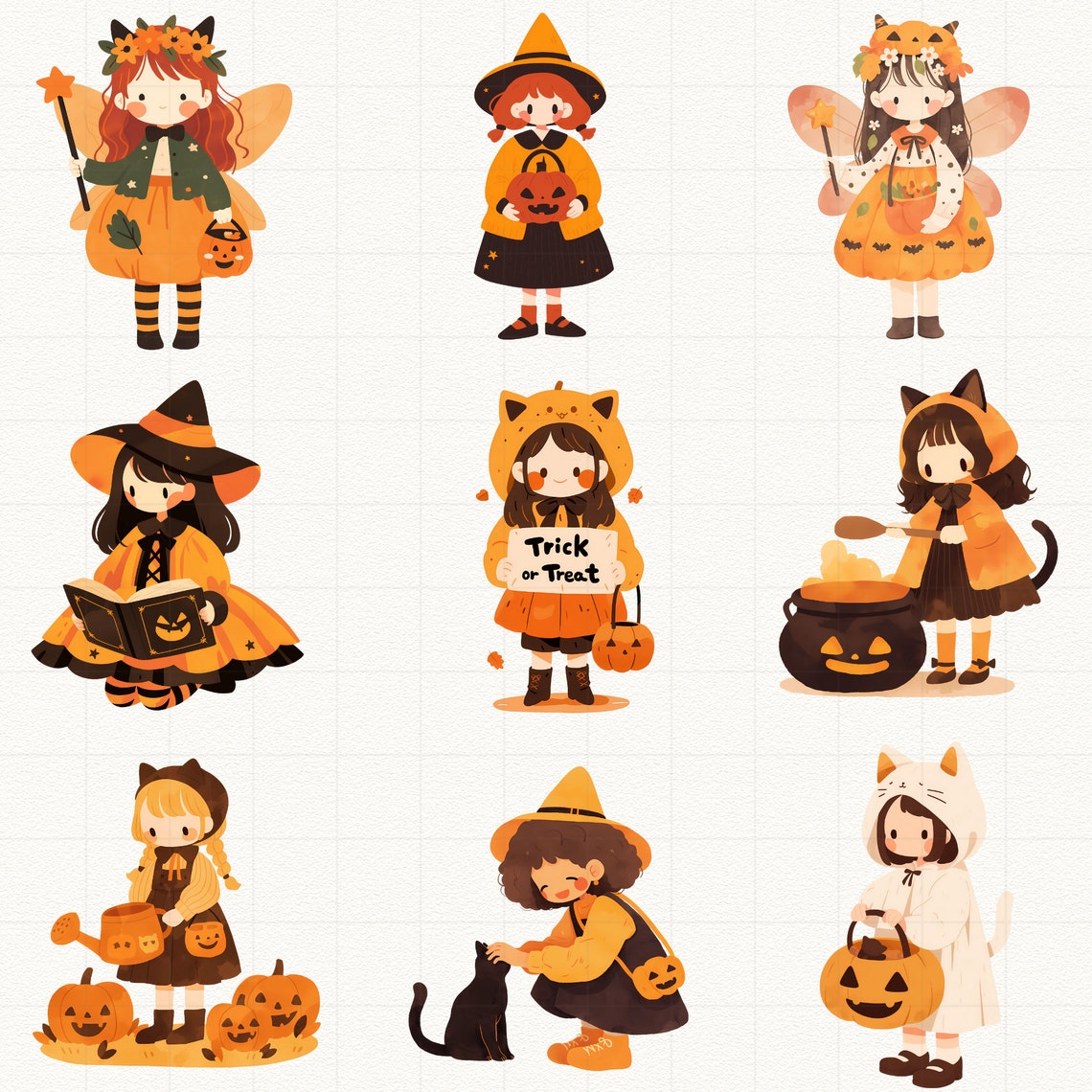 Halloween Girl Clipart Bundle: Watercolor Witch, Pumpkin, Ghost (PNG ...