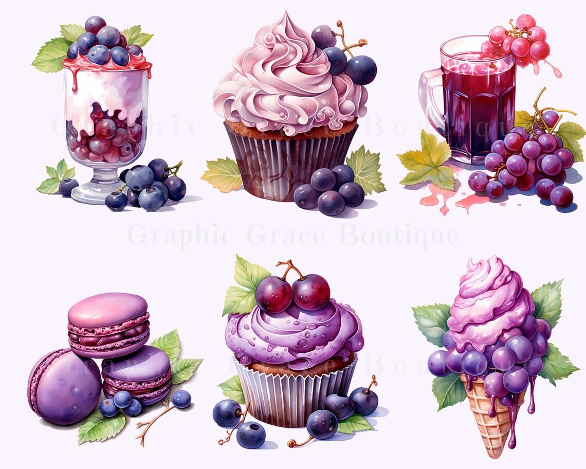 Grapes Watercolor Clipart Bundle: Wine, Desserts, Nursery Art (43 PNG ...