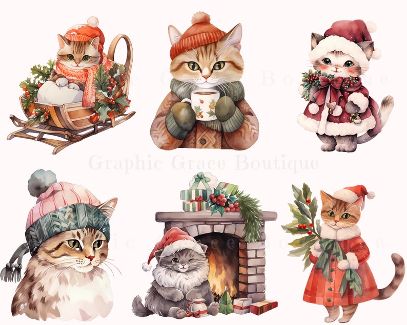 Watercolor Christmas Cat Clipart Bundle: Cute Cats in Winter Christmas ...