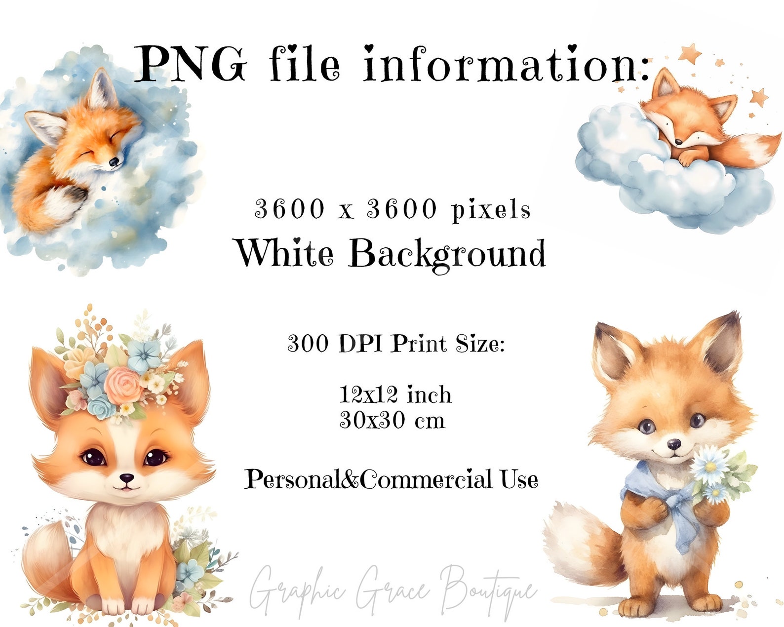 Adorable Foxes Watercolor Clipart Bundle - PNG Images of Cute Baby ...
