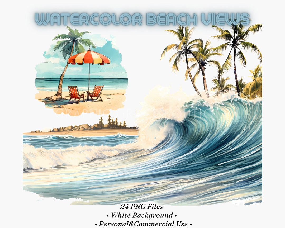 Watercolor Beach Clipart: Tropical Palm Trees, Sunset Waves (PNG Images ...