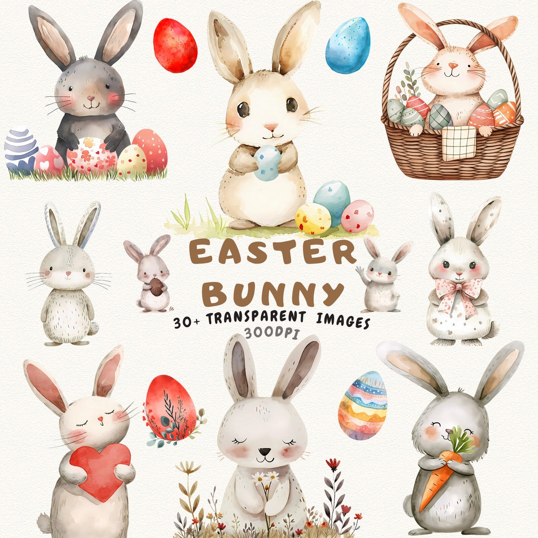 Watercolor Easter Bunny Clipart: Bunnies, Eggs, Baskets (instant ...