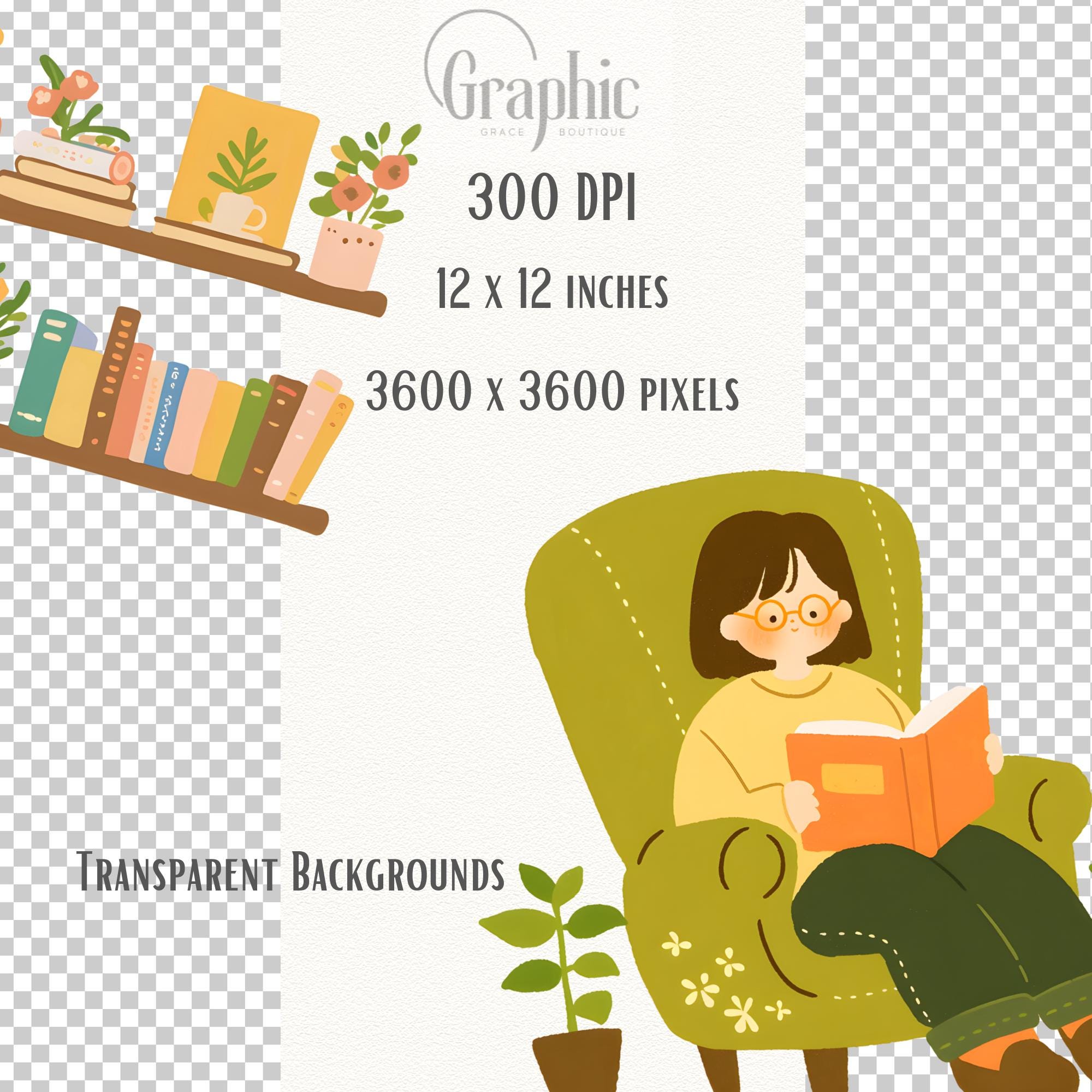 Cozy Book Lover Clipart Bundle: Reading Nook PNG Images (digital ...