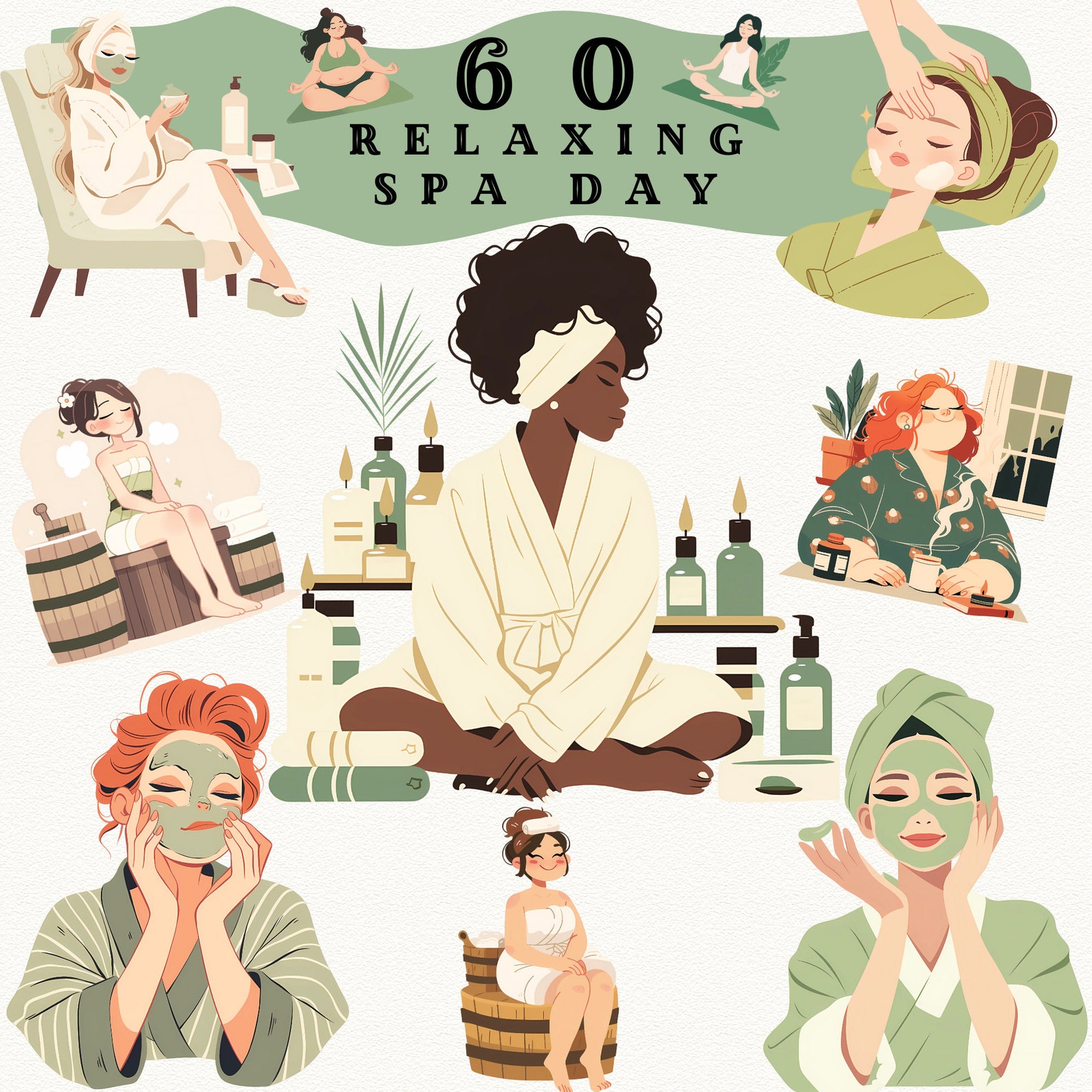 Relaxing Spa Day Clipart – Self Care Illustrations – Calm Wellness ...