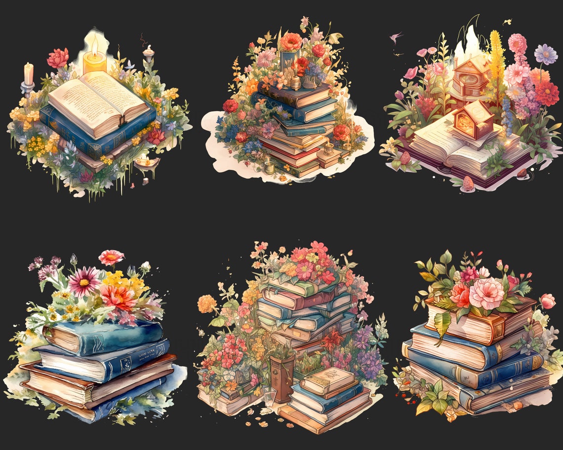 Watercolor Floral Books Digital Clipart Bundle PNG Images - Etsy