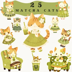 Cute Matcha Cat Digital Stickers, Cozy Green Drink Clipart Journaling ...