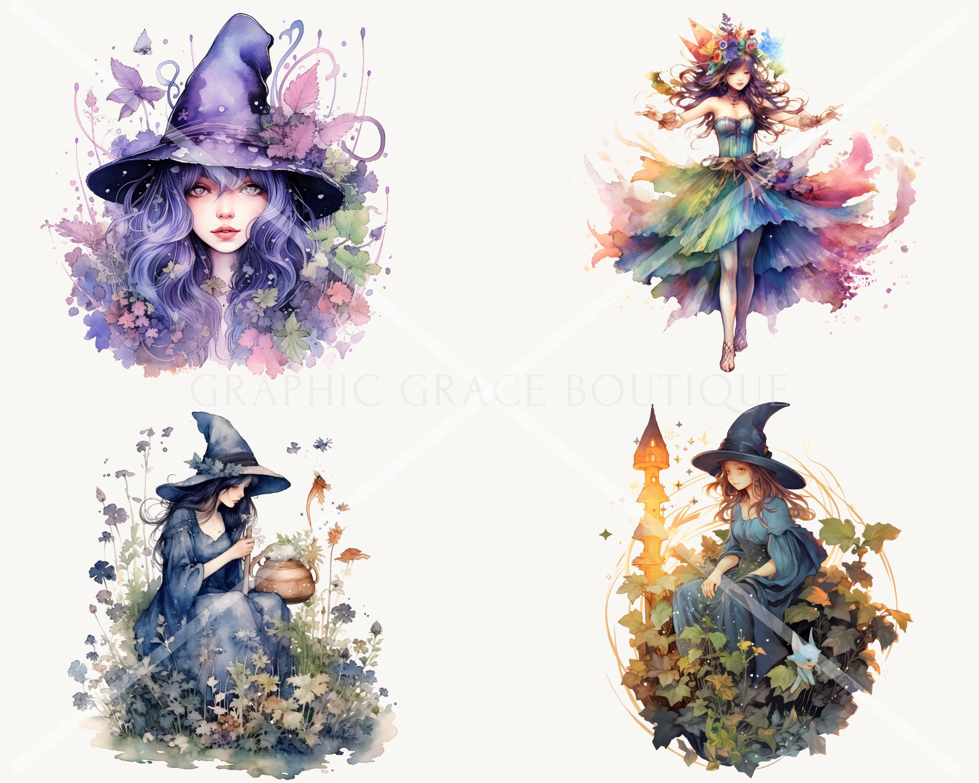 Watercolor Witchy Fairies Clipart Bundle PNG Images for Digital Art and ...