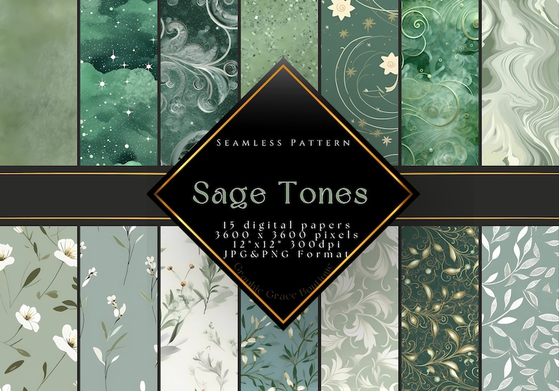 Sage Green Digital Paper Pack, Botanical Seamless Patterns, Greenery ...