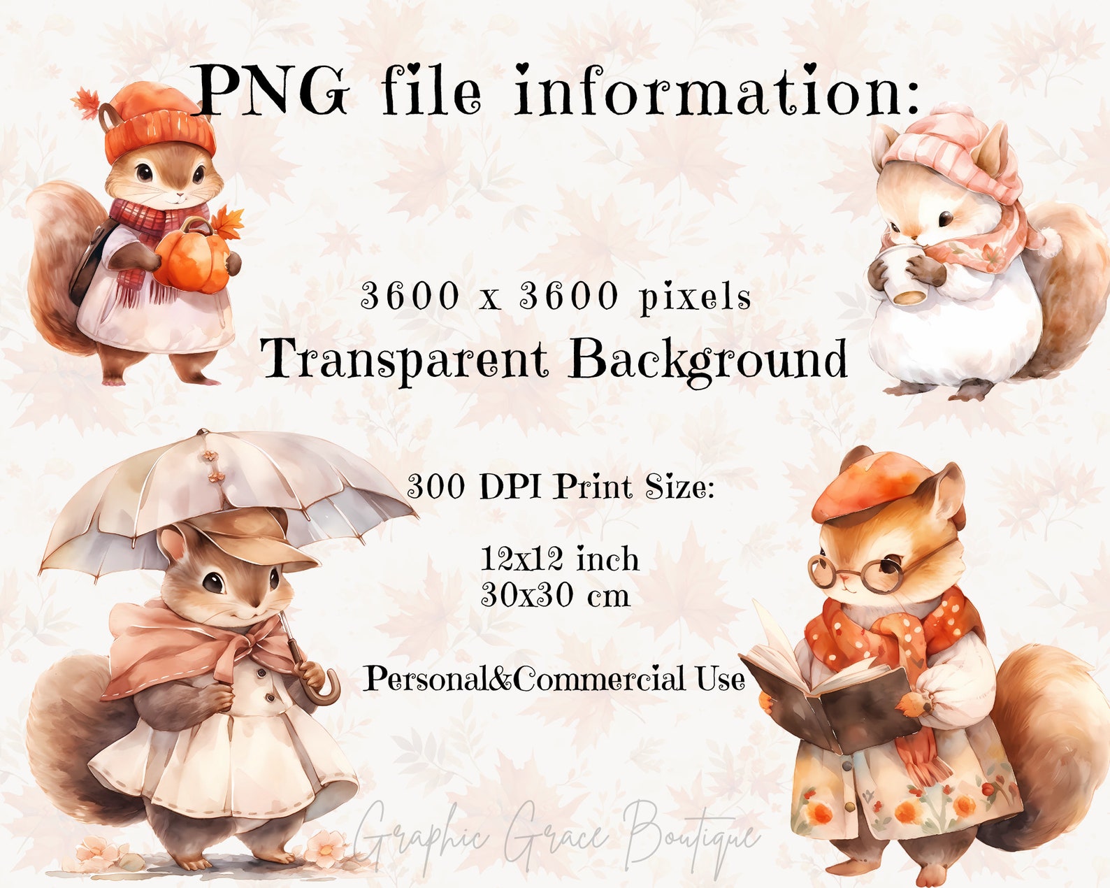 Autumn Squirrels Watercolor Clipart Bundle 26 High-quality Pngs ...