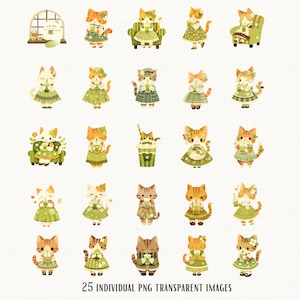 Cute Matcha Cat Digital Stickers, Cozy Green Drink Clipart Journaling ...