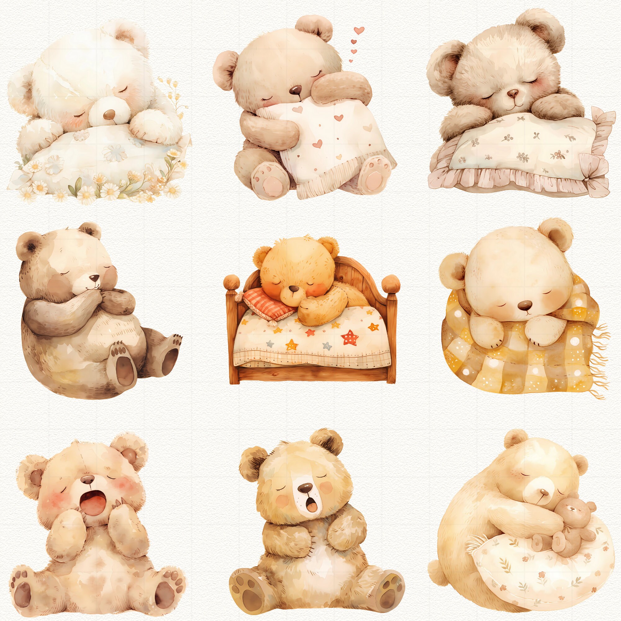 Watercolor Teddy Bear Clipart, Sleeping Teddy Bears, Baby Shower ...