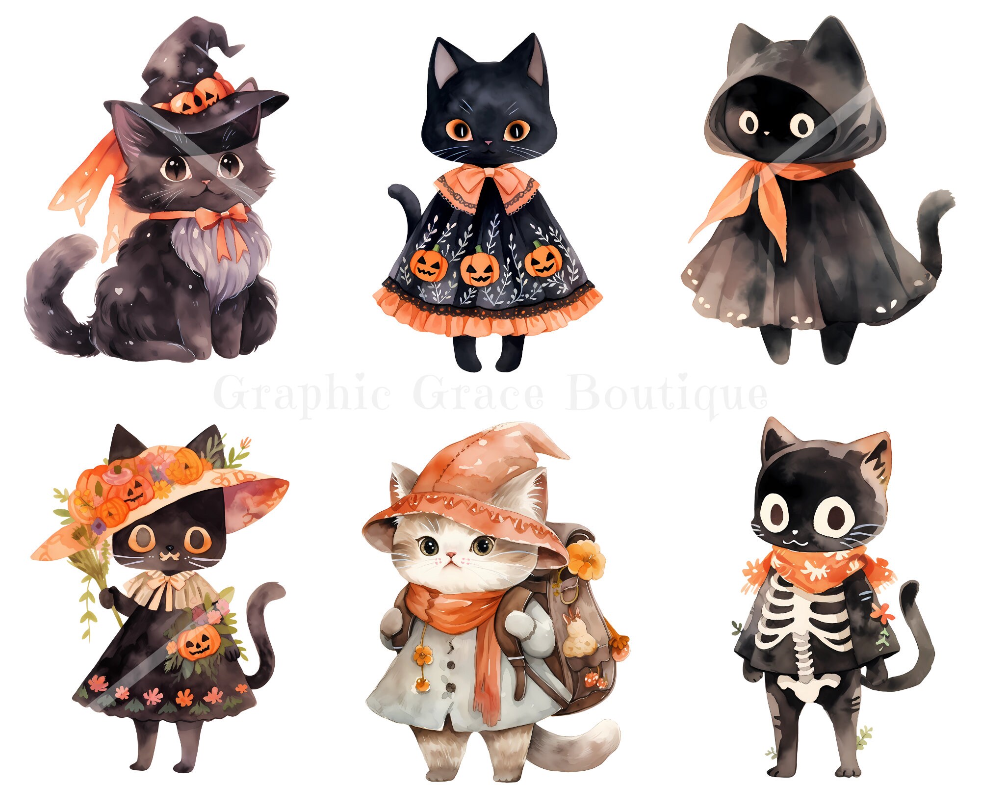 Watercolor Halloween Cat Clipart Bundle: Cute Cats in Witch - Etsy