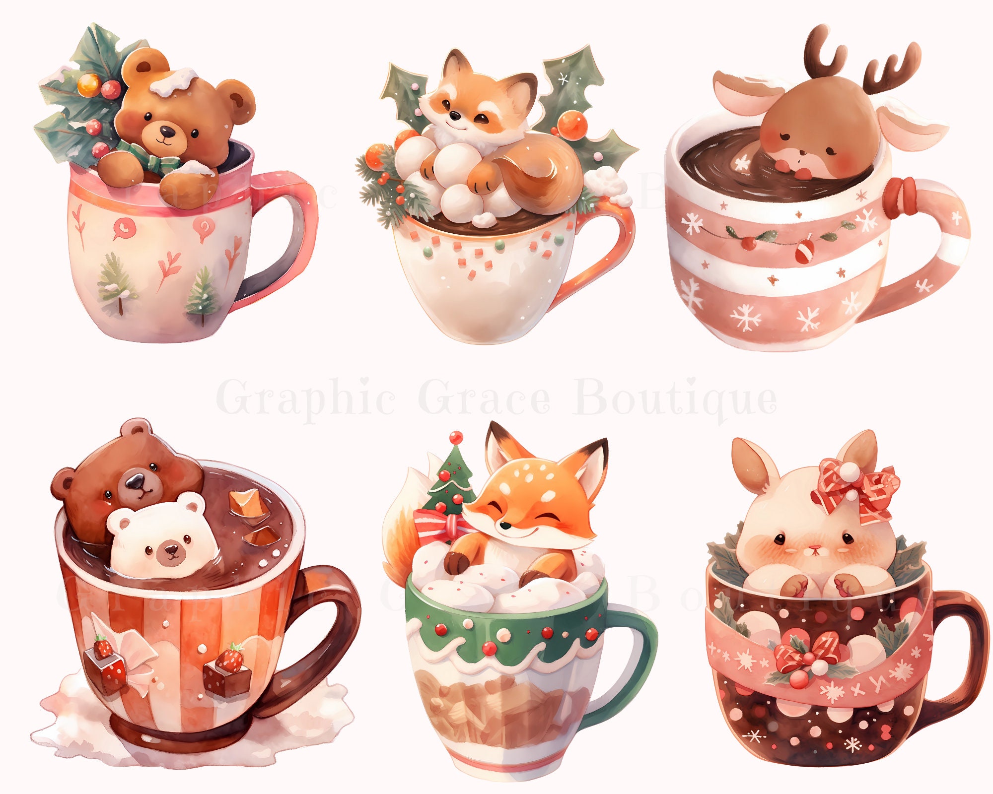 Watercolor Adorable Animals in Christmas Cups Clipart Bundle: Cute ...