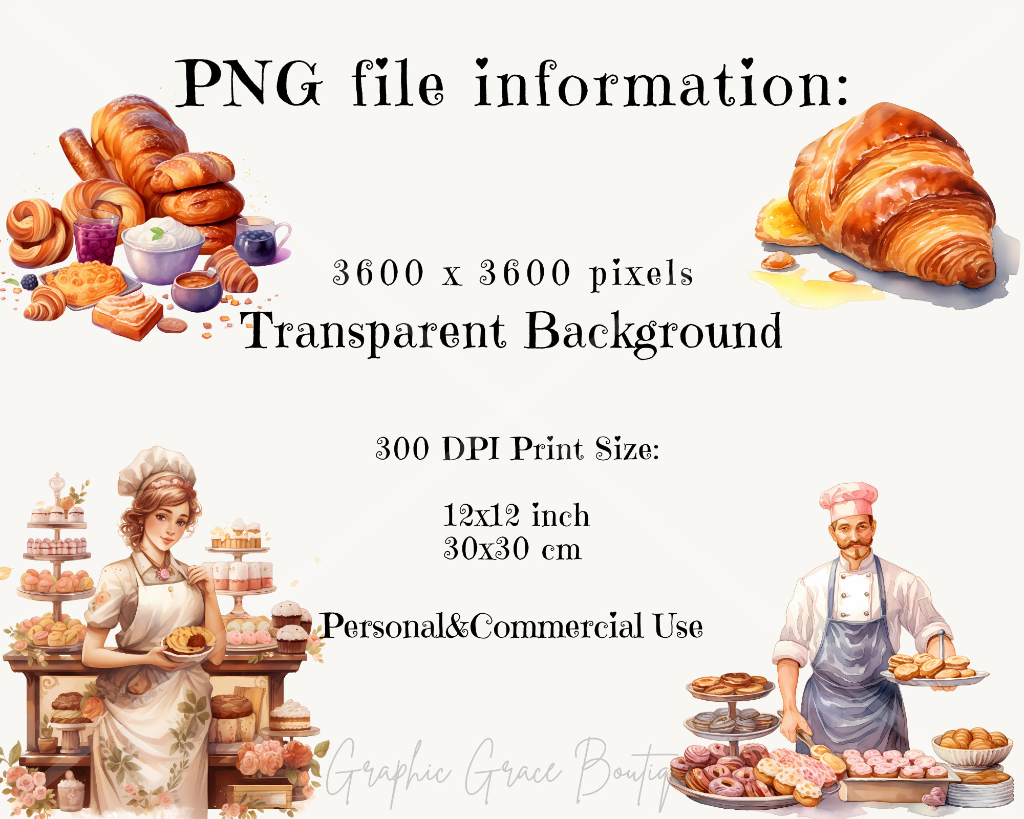 Sweet Bakery Clipart Bundle watercolor Pastries, Croissants, Baguettes ...