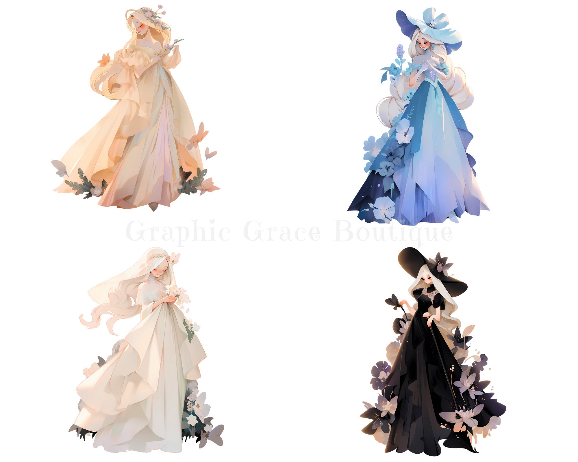 Watercolor Princesses Clipart: Vintage Boho Floral PNG Bundle - Etsy