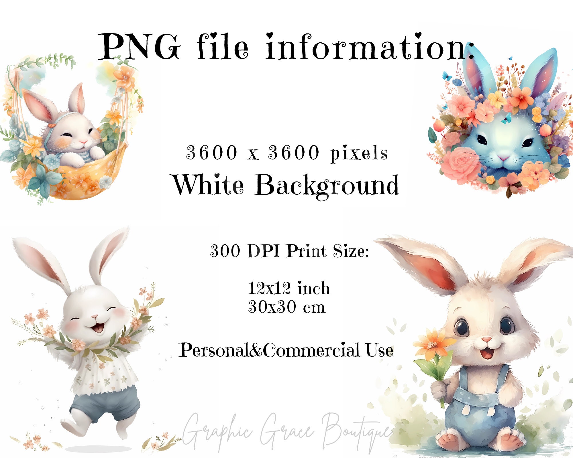 Adorable Bunny Watercolor Clipart Bundle Digital PNG Images for ...