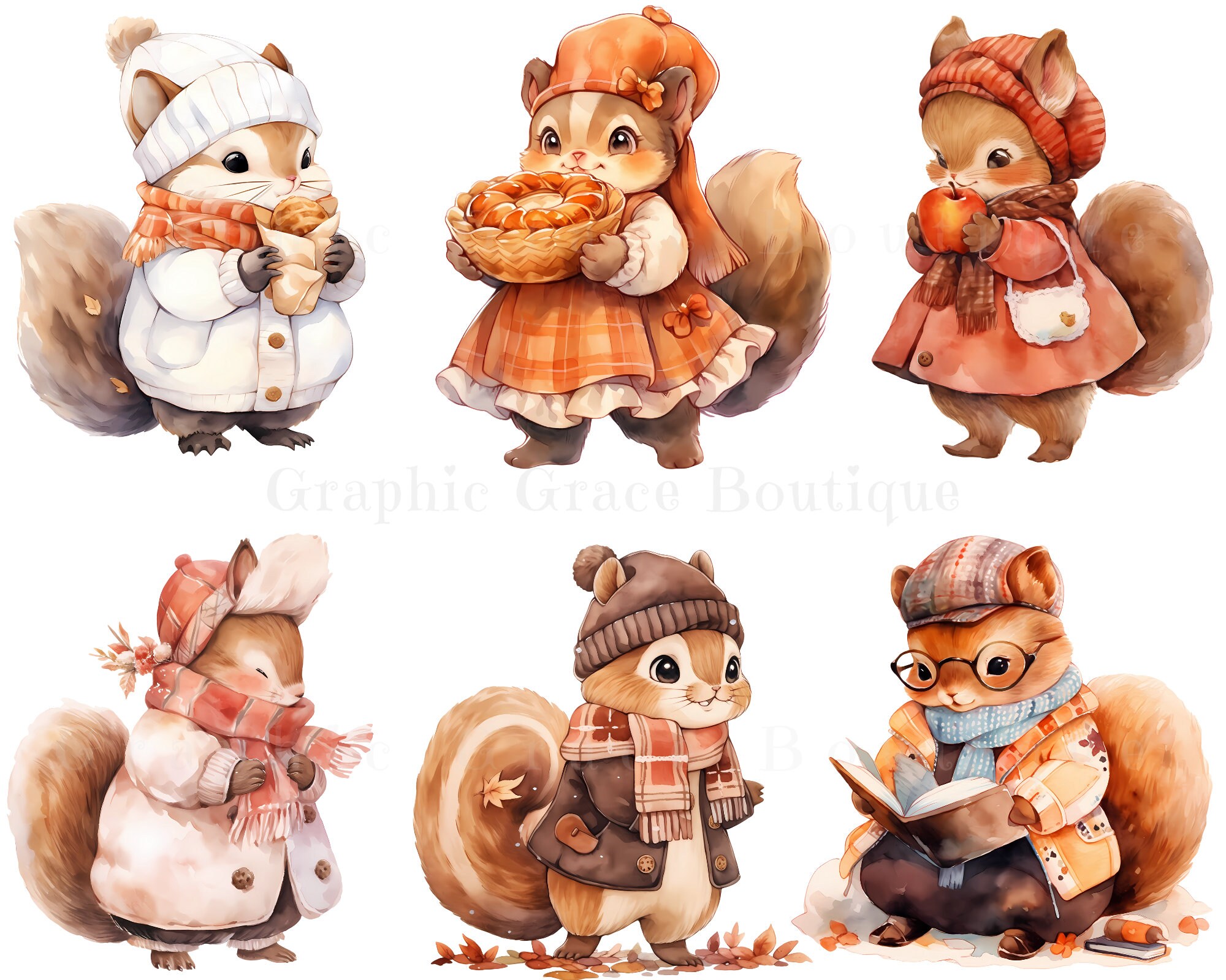 Autumn Squirrel Clipart Bundle: Watercolor Fall Designs (PNG) - Etsy