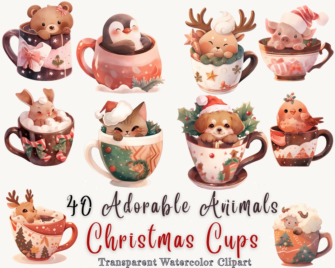 Watercolor Adorable Animals in Christmas Cups Clipart Bundle: Cute ...