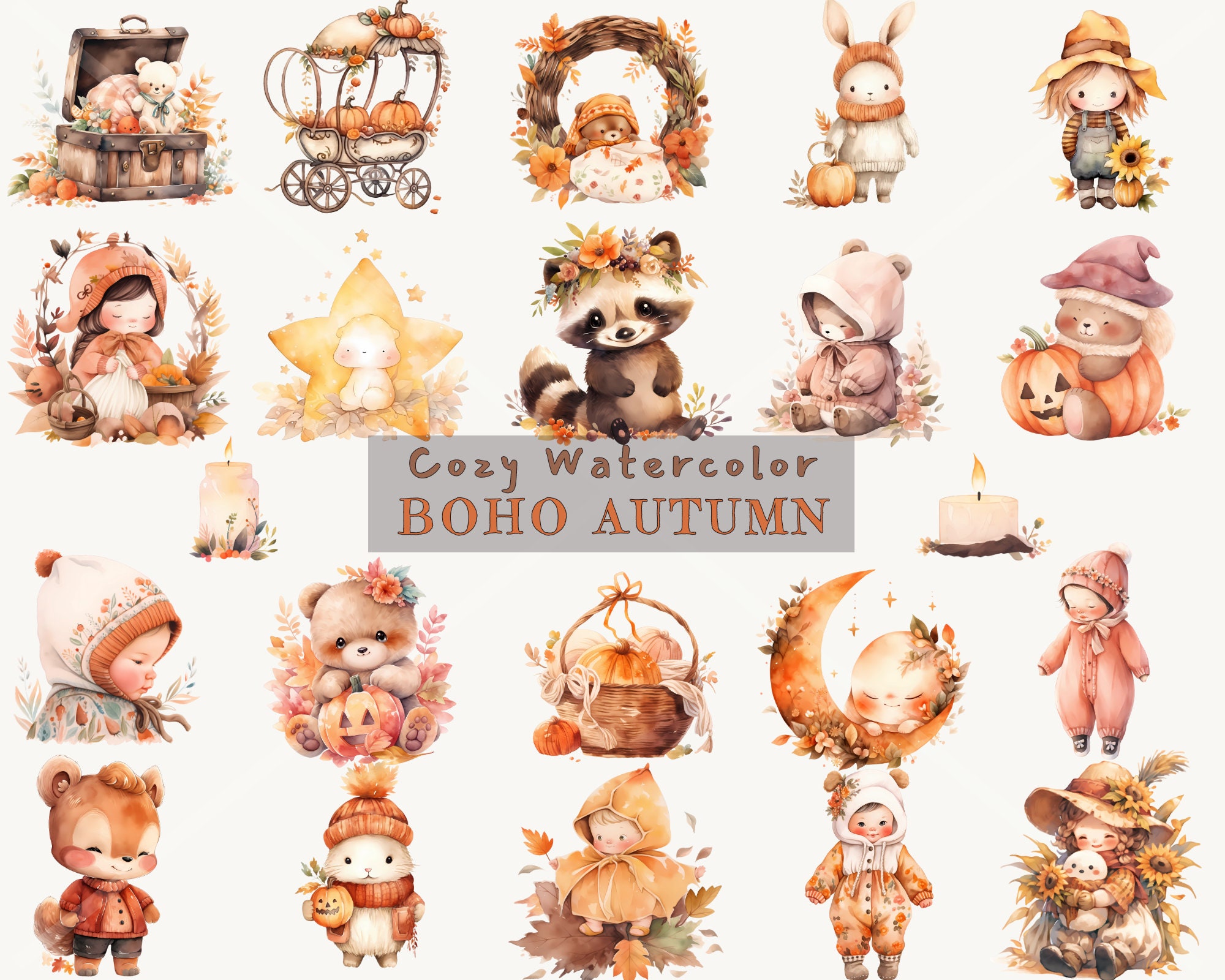 Autumn Watercolor Clipart Bundle 92 Images Cozy Boho Fall - Etsy