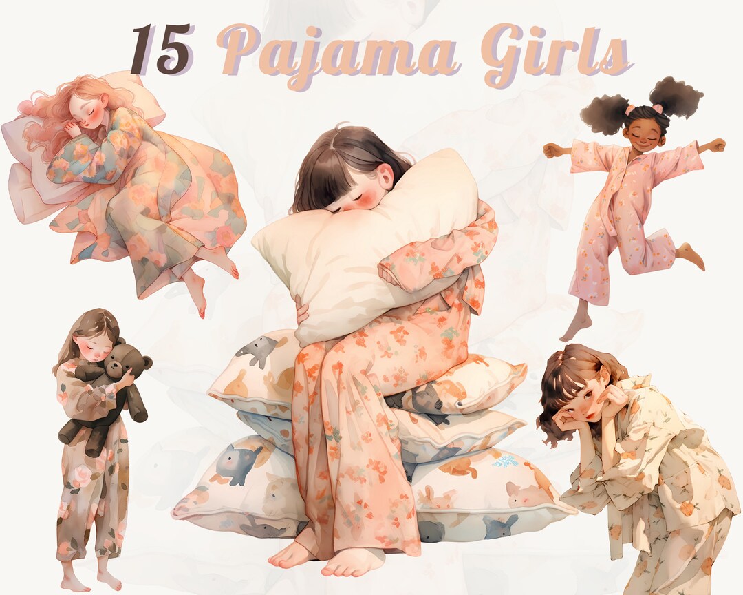 Pajama Girls Watercolor Clipart Bundle - 15 Cozy Bedtime Images - Cute ...