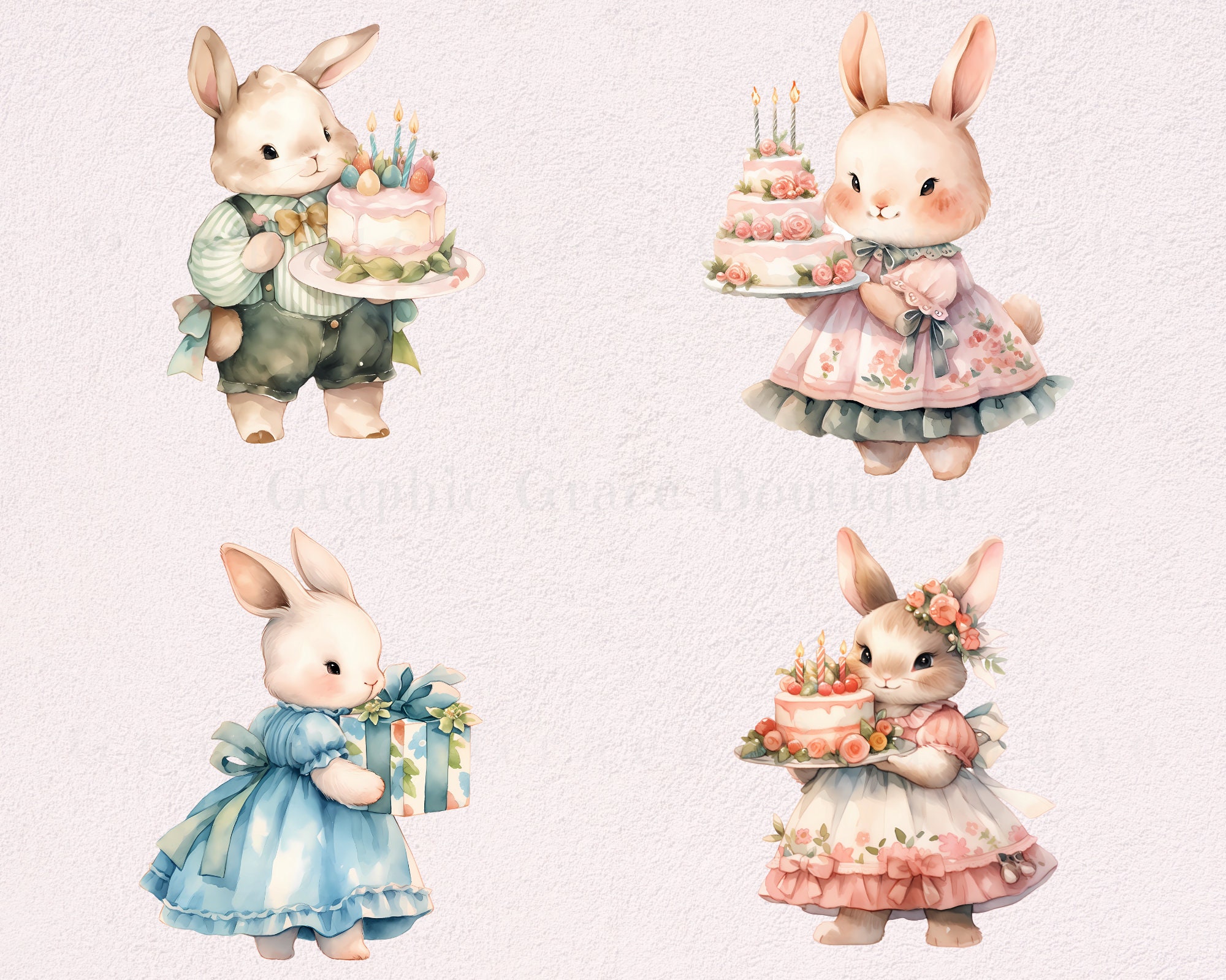 Birthday Bunny Clipart Bundle SVG and PNG Watercolor Bunnies - Etsy