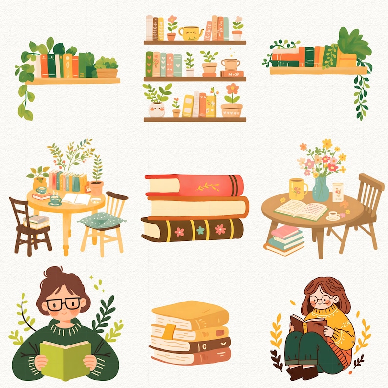 Cozy Book Lover Clipart Bundle: Reading Nook PNG Images (digital ...