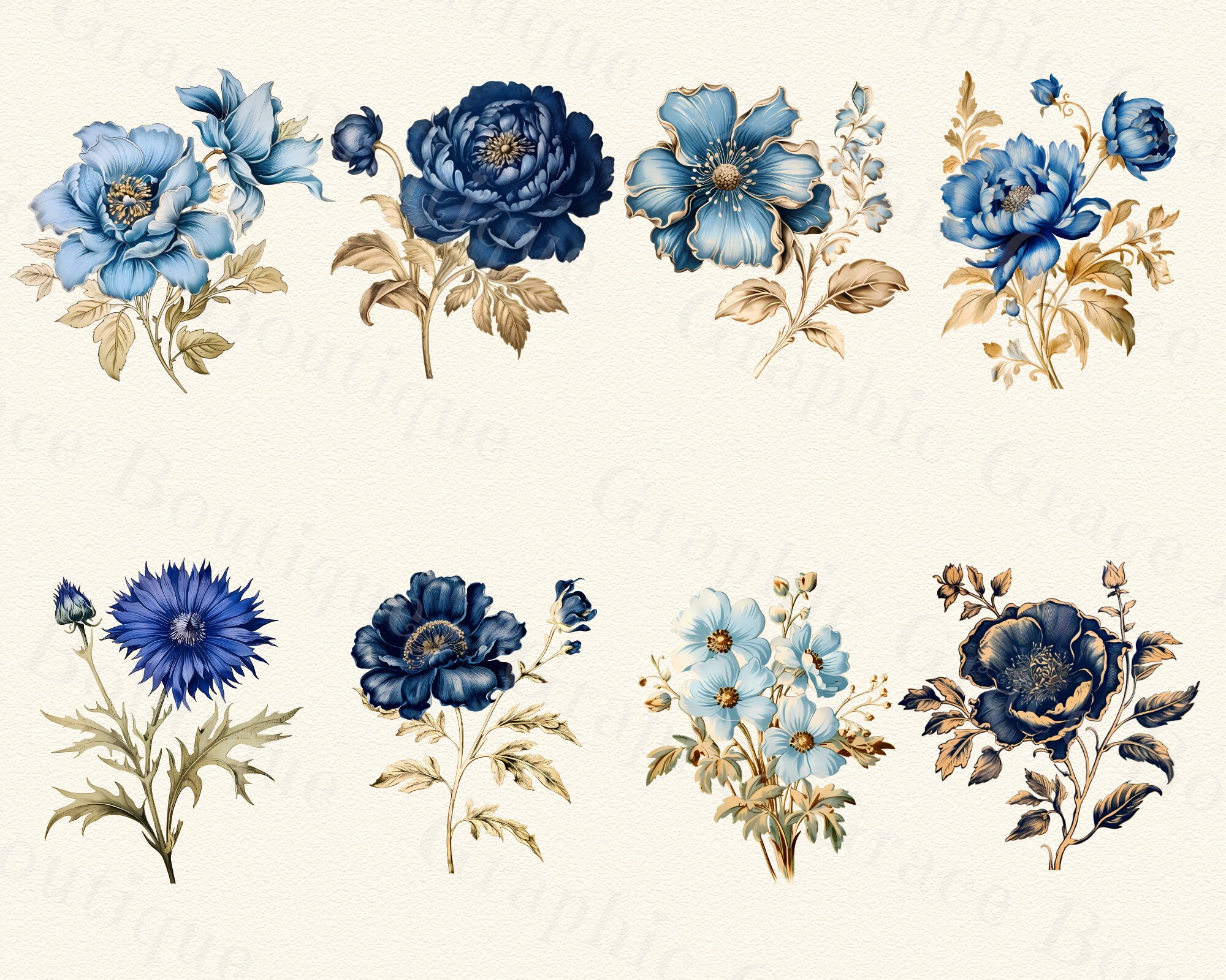Blue Flowers Clipart Bundle: Vintage Floral Art, Golden Tones (PNG) - Etsy
