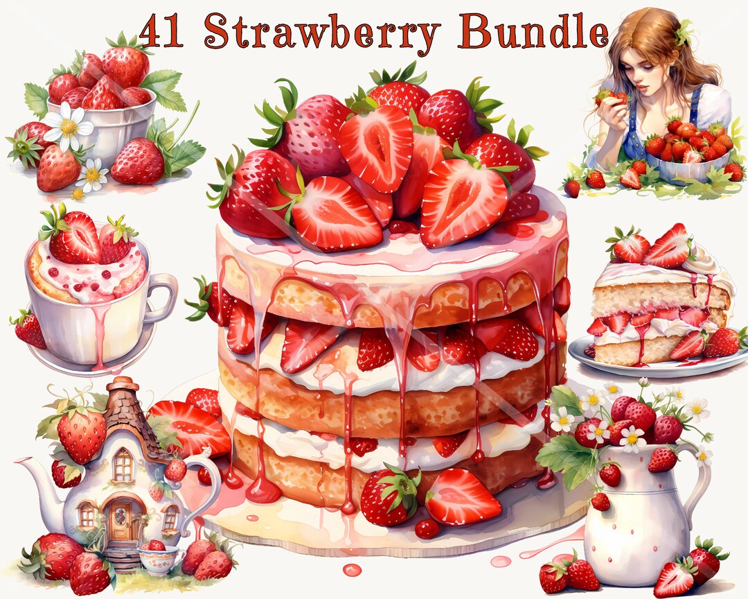 Watercolor Strawberries Clipart Bundle: Strawberry Delights & Themed ...
