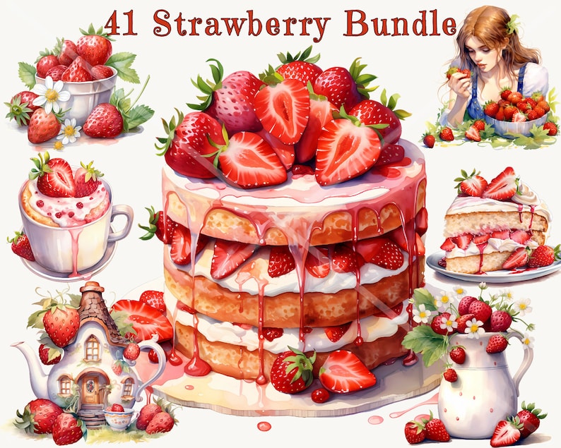 Watercolor Strawberries Clipart Bundle: Strawberry Delights & - Etsy