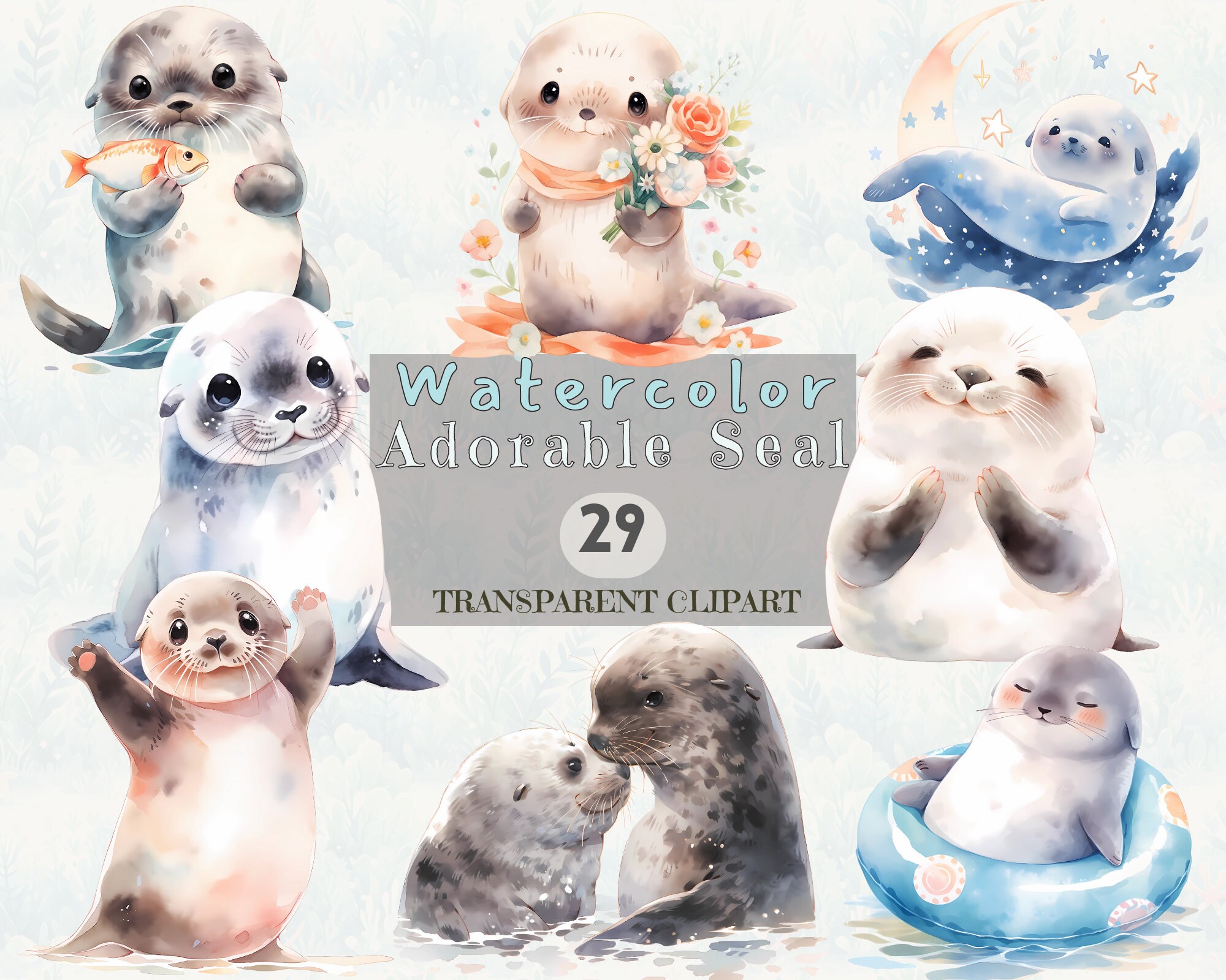 Watercolor Cute Seals - Animals Clipart Cute Nursery Decor Bundle for ...