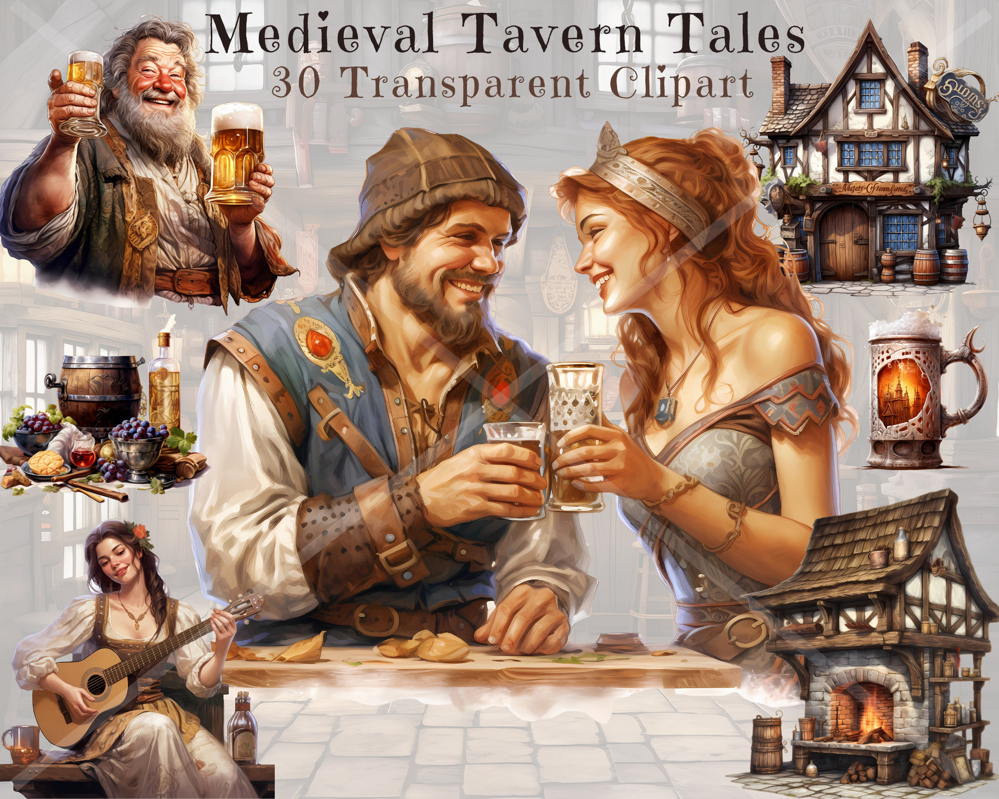 Medieval Tavern Digital Clipart Bundle Cozy Inns and Bards, PNG Images ...